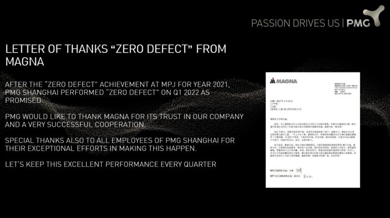 Letter of Thanks “Zero Defect” from MAGNA – PMG